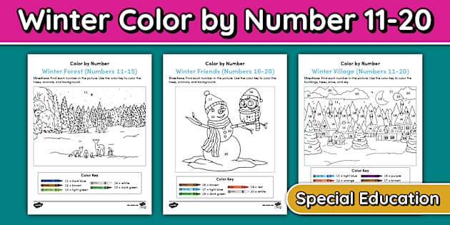 Winter Color By Number Worksheets 11-20 for Special Education