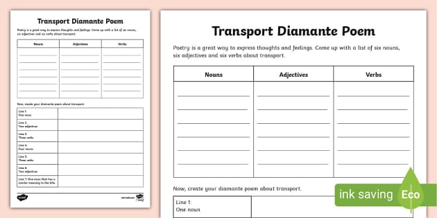 Transport Diamante Poem (teacher made) - Twinkl