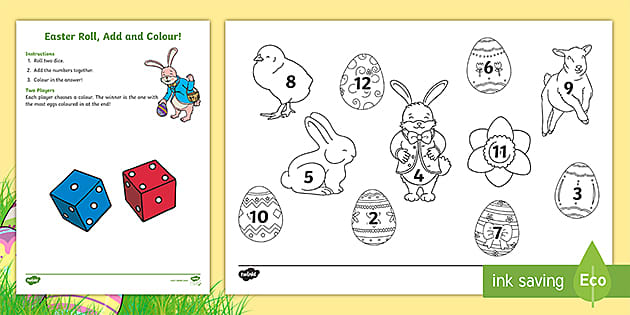 👉 Easter-Themed Roll, Add and Color Worksheet - Twinkl