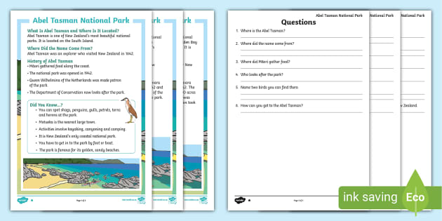 Abel Tasman Reading Comprehension Activity (teacher made)