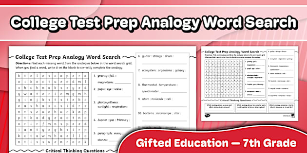 College Test Prep Analogy Word Search for Gifted Education