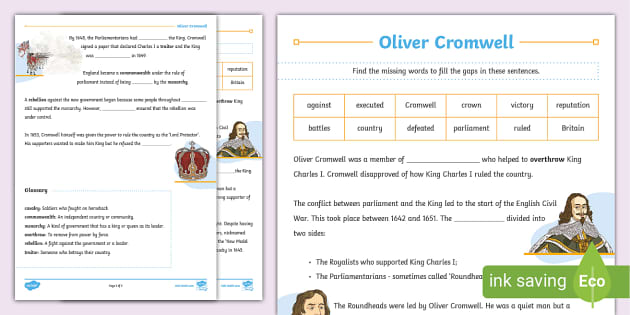 Oliver Cromwell Cloze Activity,Oliver Cromwell - Twinkl