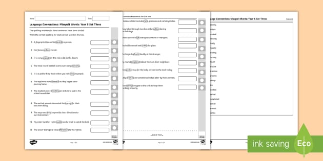 NAPLAN Style Misspelt Language Conventions Set Three Year 5 Exam