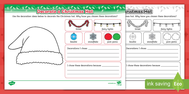 Decorate a Christmas Hat Worksheet (Teacher-Made) - Twinkl