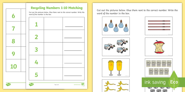National Recycling Week Number Matching Worksheet Twinkl