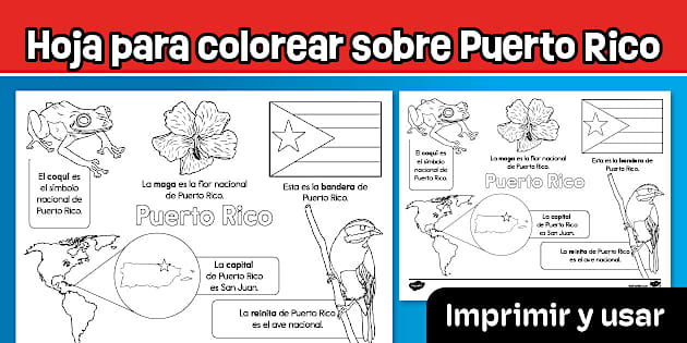 Hoja para colorear con datos sobre Puerto Rico
