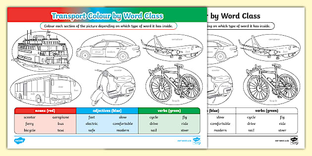 Transport-Themed Colour by Noun Worksheet - Twinkl