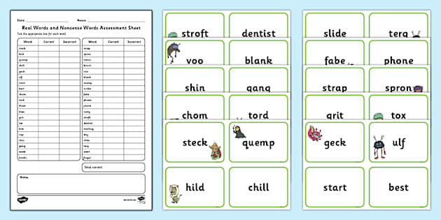 KS1 Real Words and Nonsense Words Assessment Sheets - Twinkl