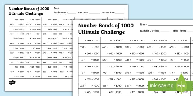 Number Bonds To 1000 Worksheet KS2 Primary Resource