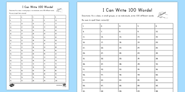 Write 100 Words for the 100th Day of School Activity