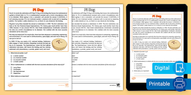 Fifth Grade Pi Day Reading Passage Comprehension Activity