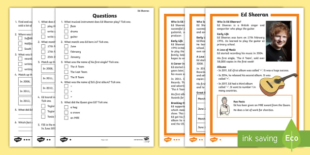 KS1 Ed Sheeran Differentiated Reading Comprehension Activity