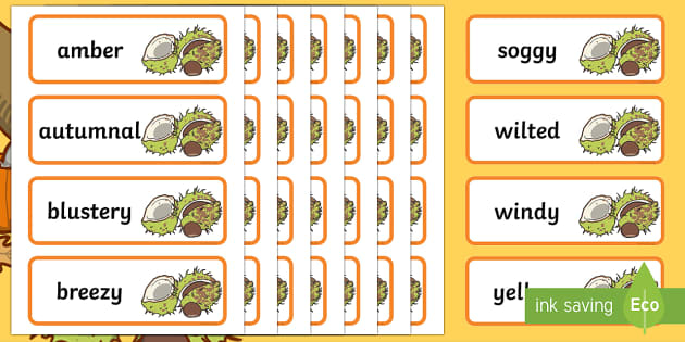 Autumn Words on Conkers Word Cards (Lehrer gemacht) - Twinkl