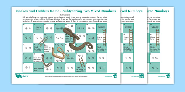  Y5 Subtract Two Mixed Numbers Snakes And Ladders Game PlanIt
