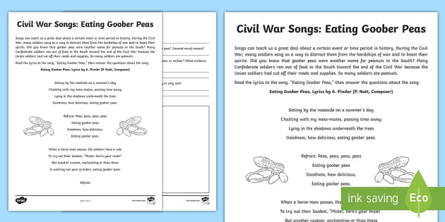 Civil War Song: Eating Goober Peas Worksheet - United States History, 3rd