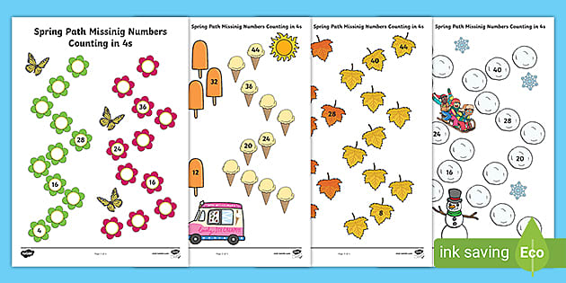 Seasons Path Missing Numbers Counting in 4s Worksheet