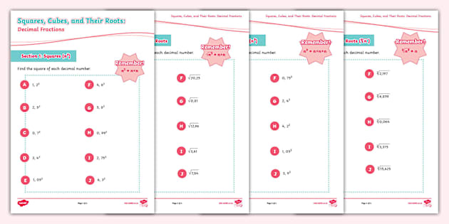Squares, Cubes, and Roots Decimal Fractions Worksheet