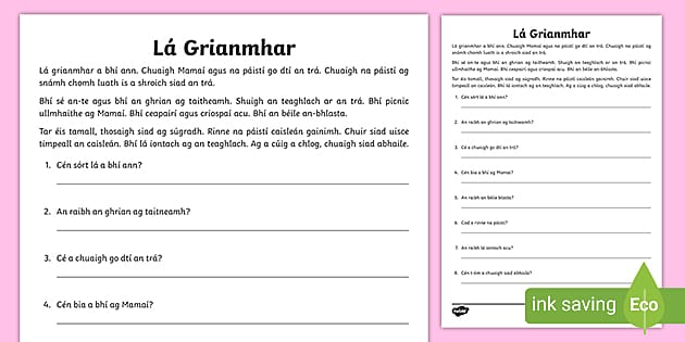 Lá Grianmhar | Gaeilge Reading Comprehension | Twinkl