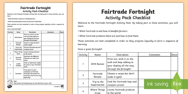 Fairtrade Fortnight Activity Pack Checklist (teacher made)