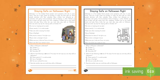 Second Grade Staying Safe on Halloween Night Reading Passage Comprehension