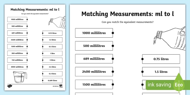 👉 Matching Measurements: ml to l,ml to l (teacher made)