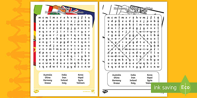 Year One Harmony Day Nationalities Word Search