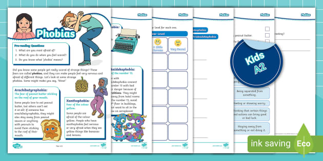 ESL Reading Comprehension: Phobias [Kids, A2] (teacher made)