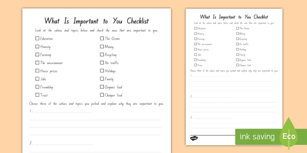 What is Important to You? Checklist Activity (teacher made)