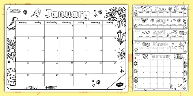 Let's Doodle a 2025 Calendar Colouring Pages (teacher made)