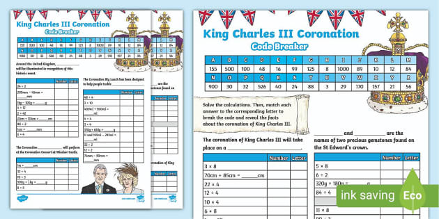 👉 Year 3 King Charles III Coronation Maths Code Breaker