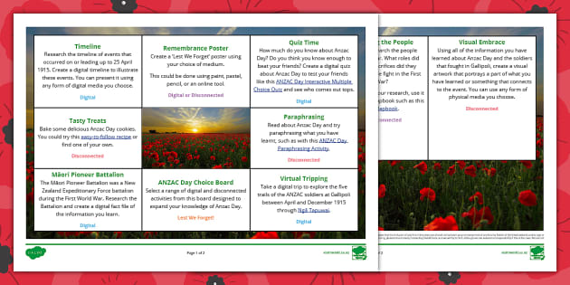 ANZAC Day Choice Board (teacher made) - Twinkl