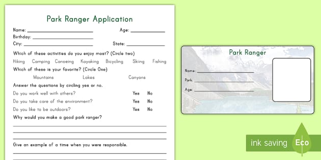 Park Ranger Job Application Writing Activity (teacher made)