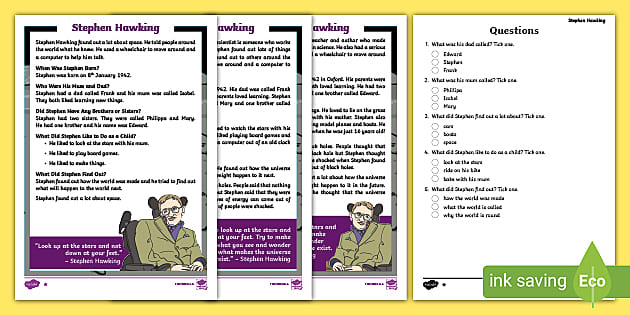 KS1 Stephen Hawking Differentiated Reading Comprehension Activity