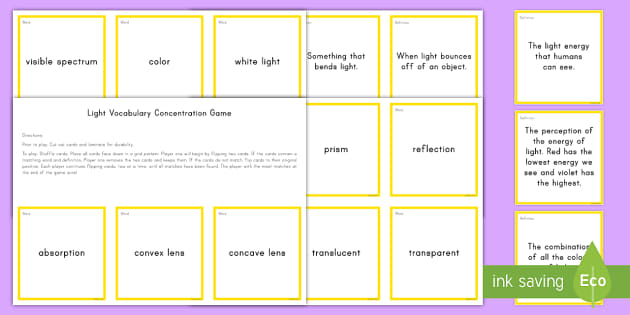 Light Vocabulary Concentration Game (teacher made)