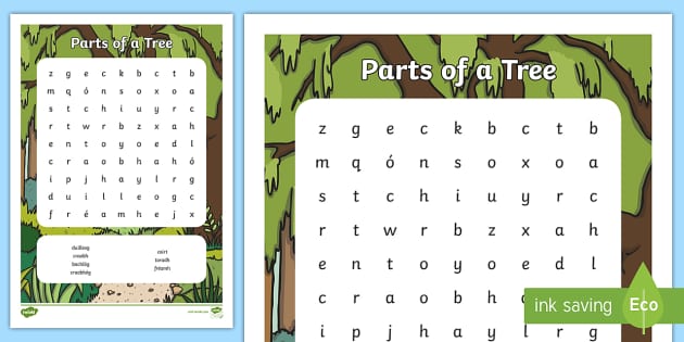 Parts of a tree (crann) Gaeilge Word Search - ROI- National Tree Week 5th