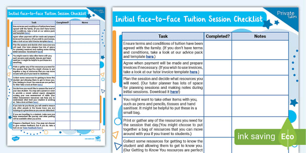 Initial Face-to-Face Tuition Session Checklist - Twinkl