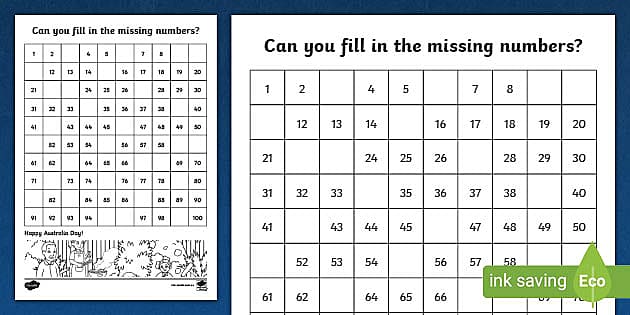 Australia Day Missing Numbers Number Square - Twinkl Australia Day Missing Numbers Number Square - Twinkl