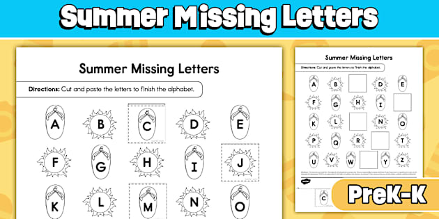 Summer Missing Letters Cut and Paste Worksheet for PreK-K