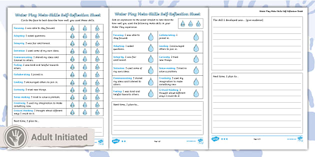 Water Play Meta-Skills Self-Reflection Activity Sheets