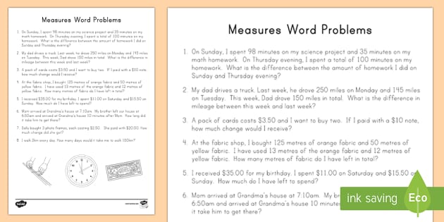 Math Word Problems Measures Worksheet / Worksheet