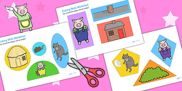 The 3 Little Pigs Themed Cutting Skills Worksheet / Worksheet - cut