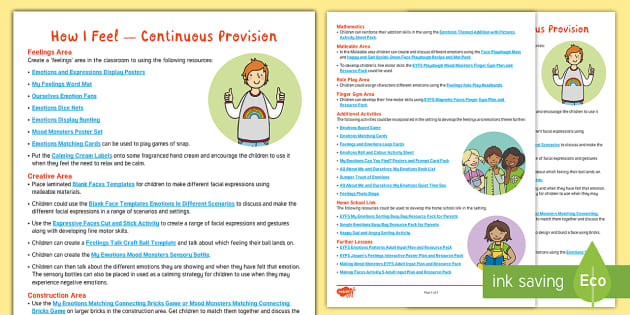 PSED How I Feel Continuous Provision Ideas Bank - Twinkl