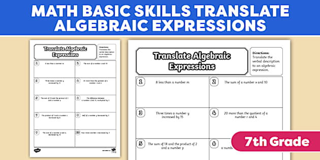 Math Basic Skills Translate Algebraic Expressions Practice