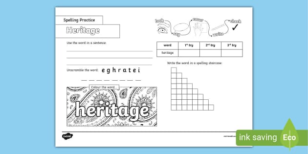 Heritage Spelling Practice Worksheet (teacher made) - Twinkl