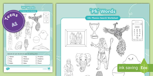 ESL 'Ph' Words Phonics Search Worksheet - Twinkl