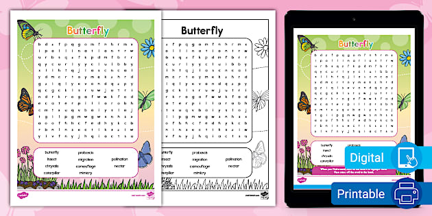 Butterfly Word Search for K-2nd Grade (teacher made)