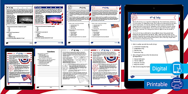 4th of July Reading Passage Comprehension Worksheets