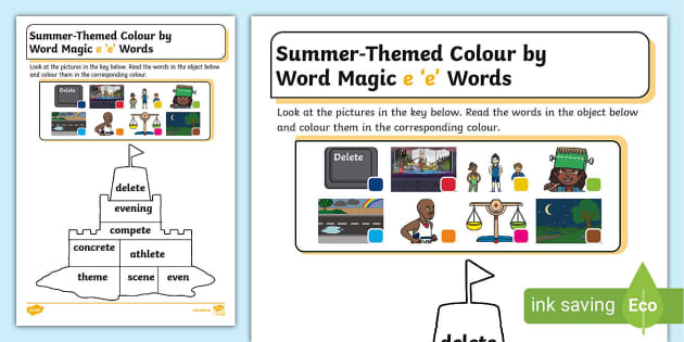 Summer Themed Colour by Word Magic e 'e' words - Twinkl