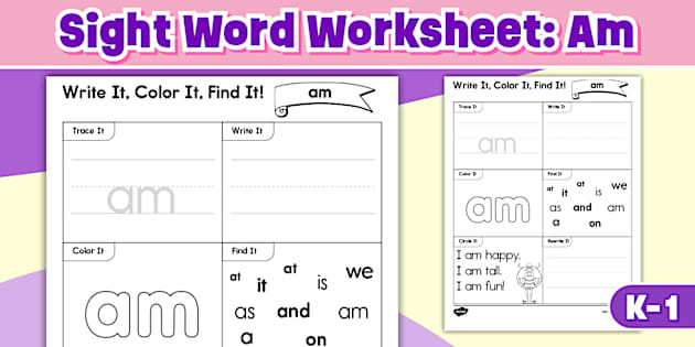 Write It, Color It, Find It! Sight Word "Am" Worksheet for K-1st Grade