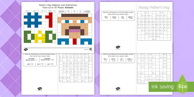 Father's Day Addition and Subtraction Facts up to 20 Maths Mosaic Cards